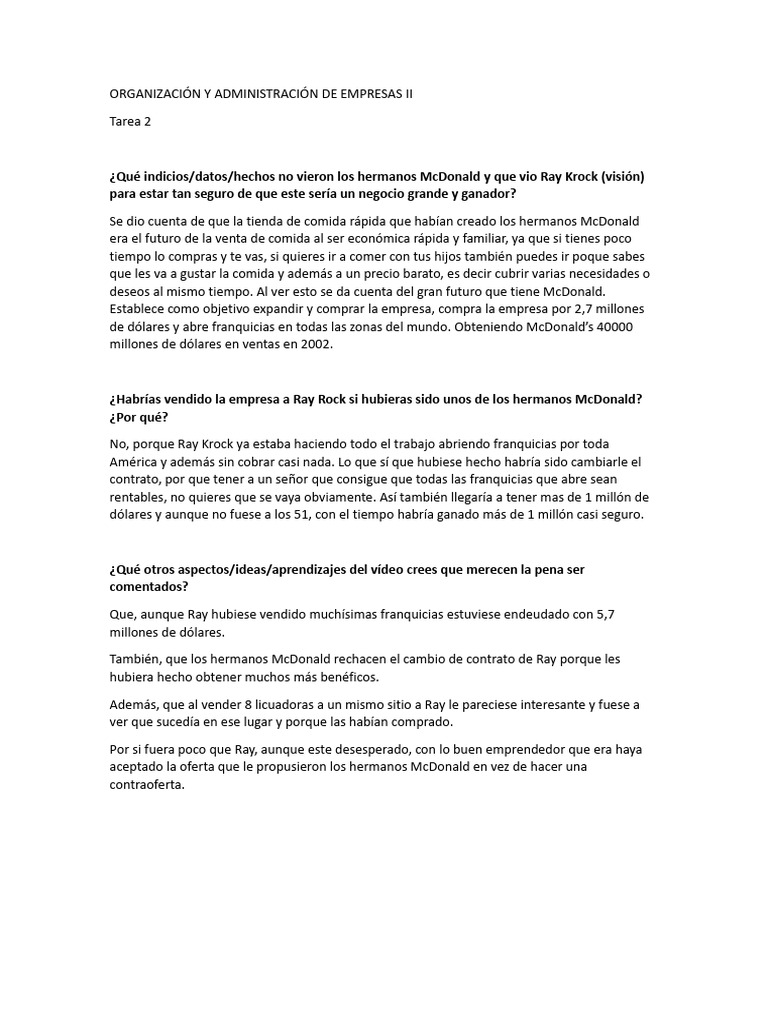 Tarea 2 Orga II | PDF | Mc Donald's | Franquiciamiento