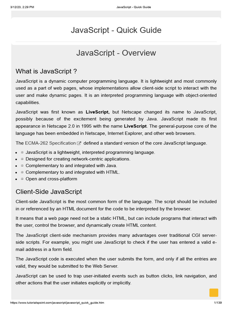 JavaScript - Quick Guide | PDF | Dynamic Web Page | Java Script JavaScript - Quick Guide | PDF | Dynamic Web Page | Java Script