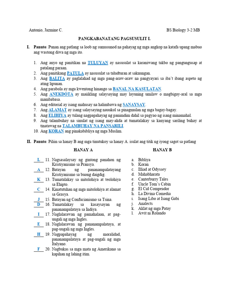 ANTONIO Kabanata 1 Pangkabanatang Pagsusulit Pp28 29 | PDF