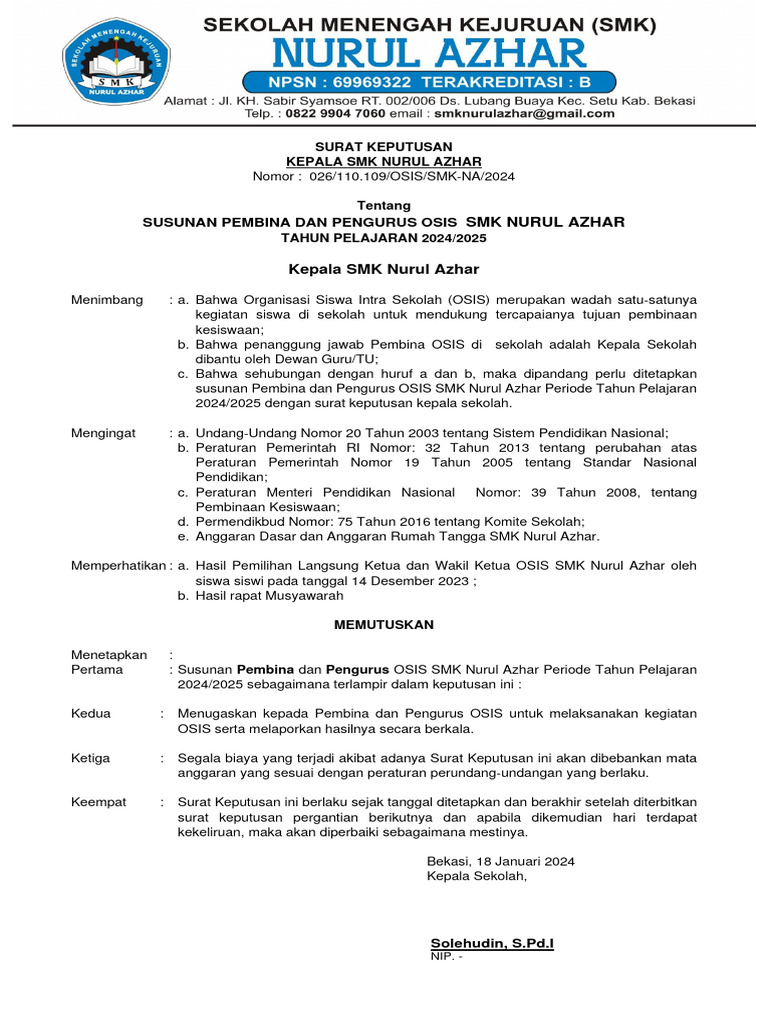 SK Pengurus OSIS SMK Nurul Azhar 2024/2025 | PDF