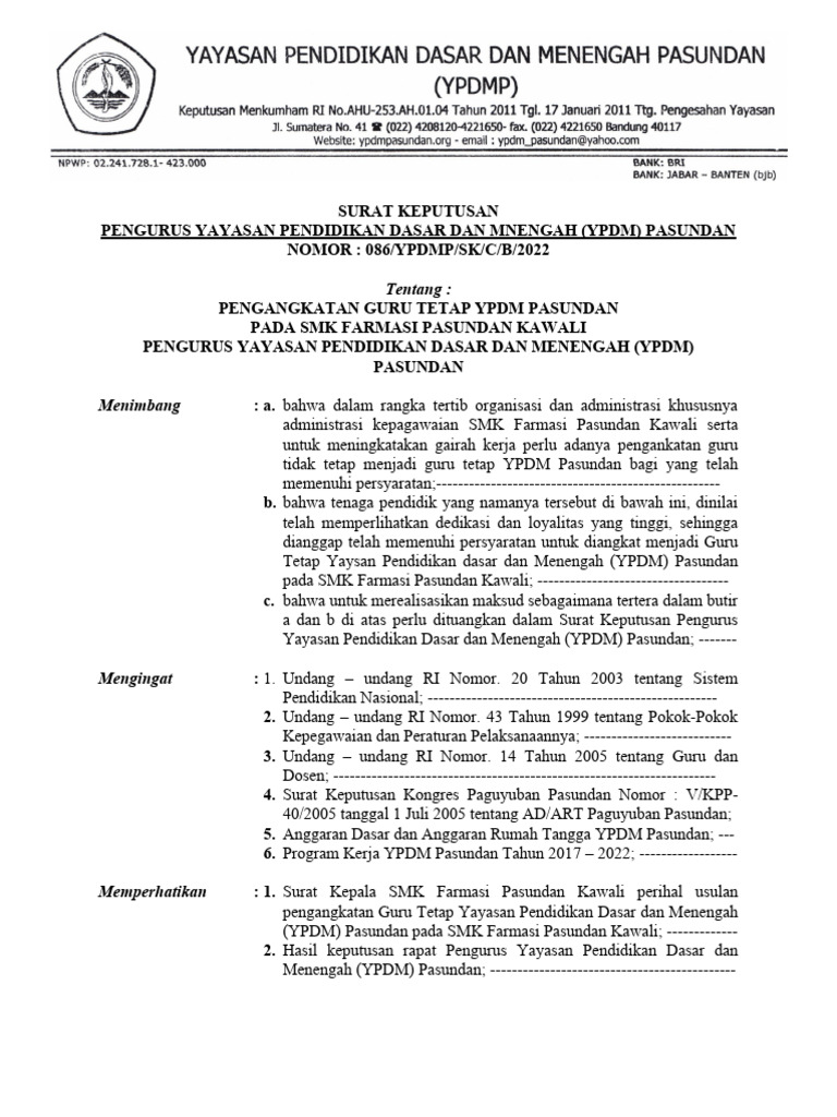 Pengangkatan Guru Tetap YPDM Pasundan | PDF