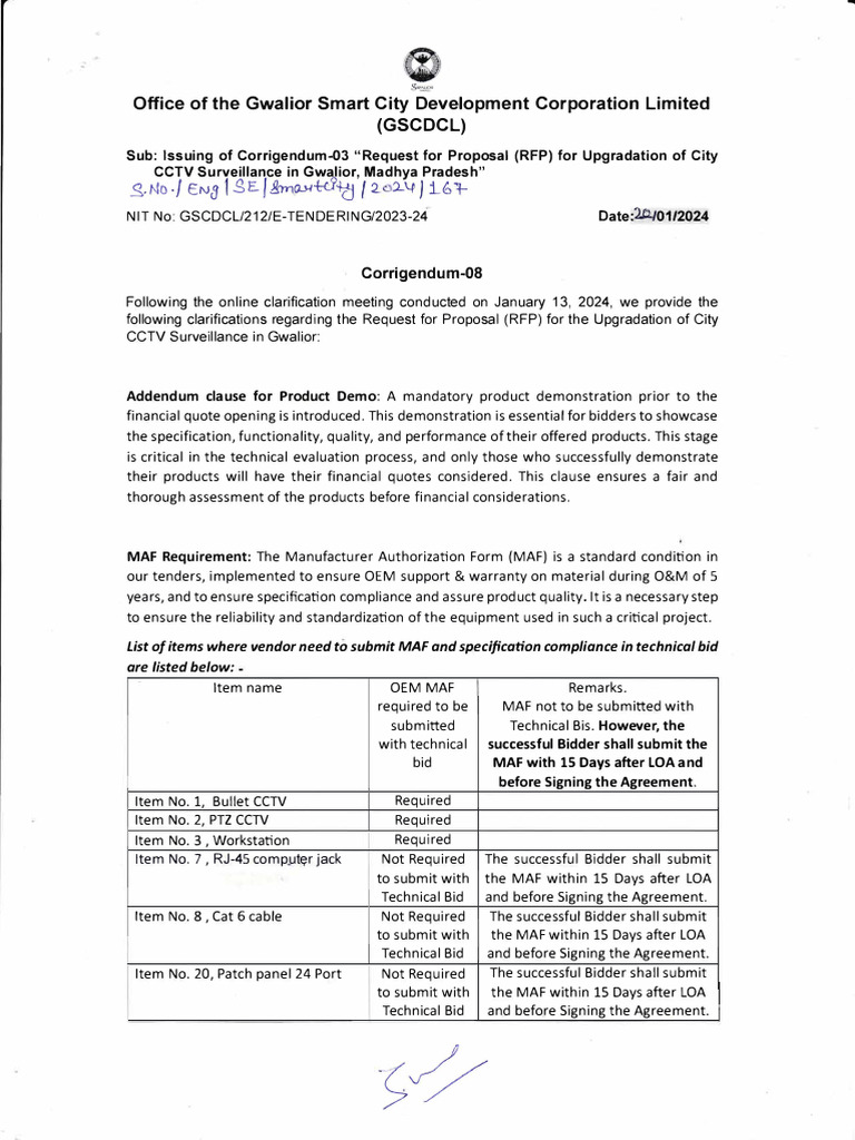 Corrigendum-08 Gwalior Smartcity CCTV Tender | PDF | Request For Proposal | Computing