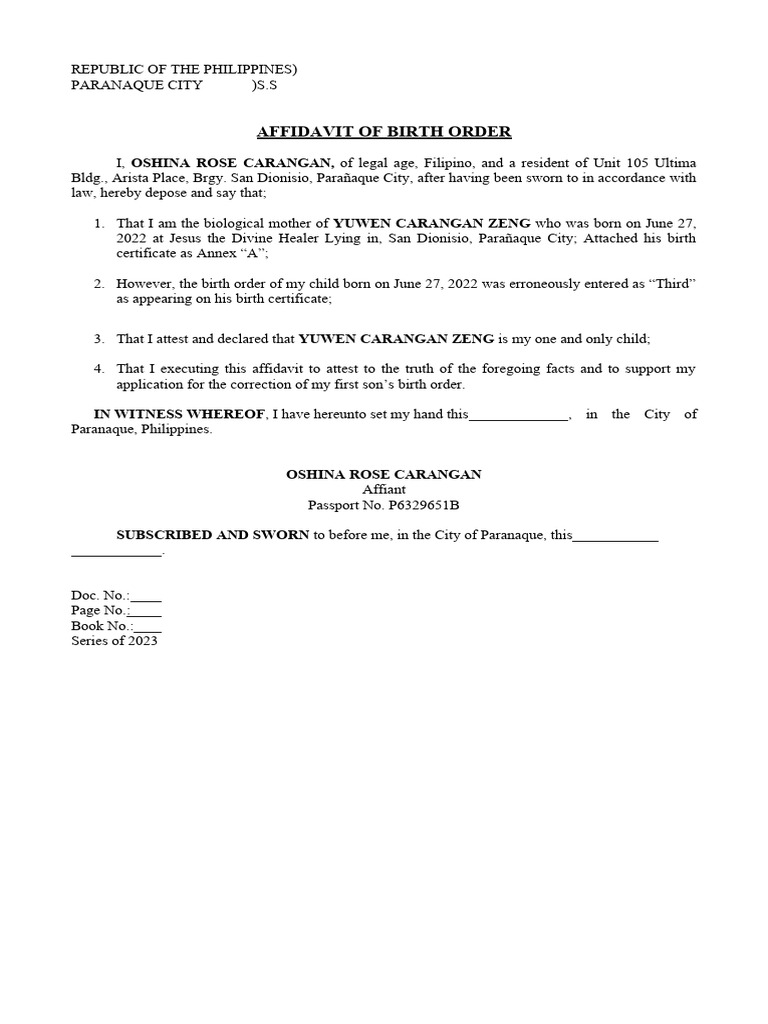 Affidavit of Birth Order Correction | PDF | Law