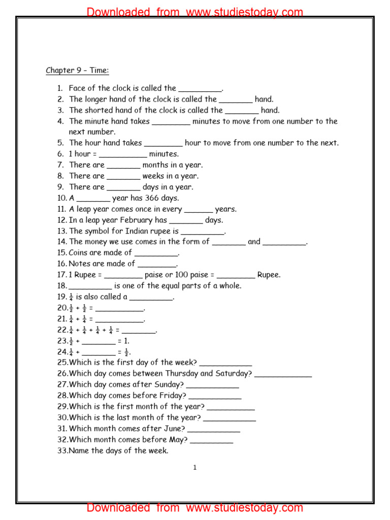 CBSE Class 2 Maths Practice Worksheets (136) - Time | PDF