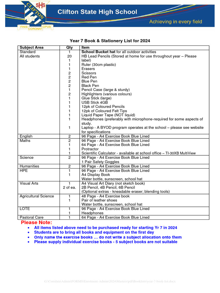Book List Year 7 | PDF | Pencil | Stationery