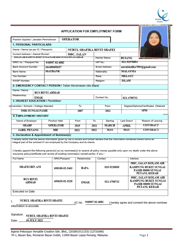 Nurul Shafika Binti Shafei - VC Application Form (Sustio 2022) | PDF