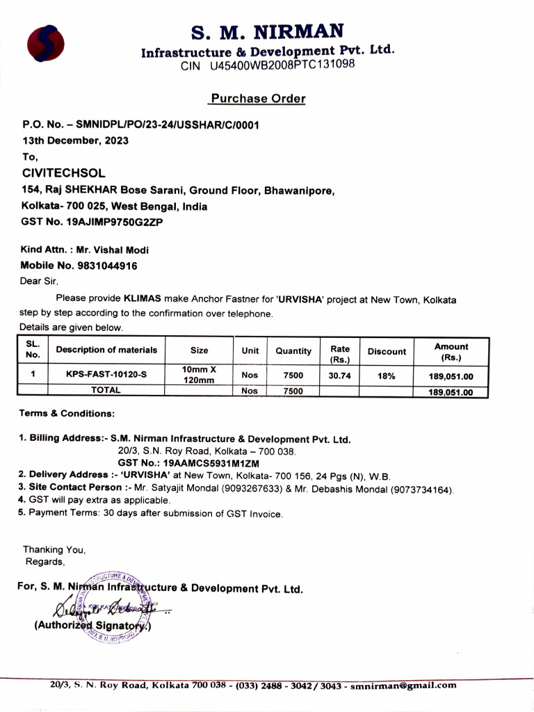 PO of Anchor Fastnut For URVISHA Site at New Town, Kolkata | PDF