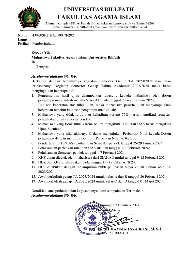 007 Surat Edaran Mahasiswa Akhir-Awal Semester 2023-2024 | PDF