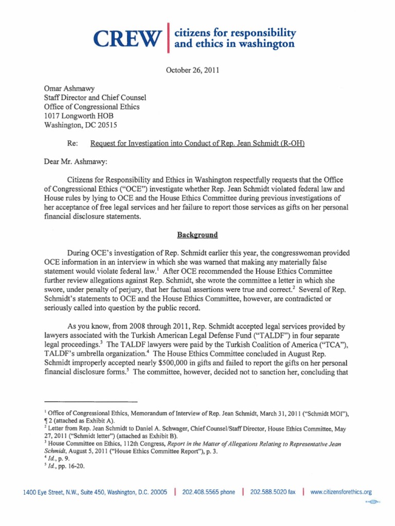 CREW: Office of Congressional Ethics (OCE) : Request For Investigation ...