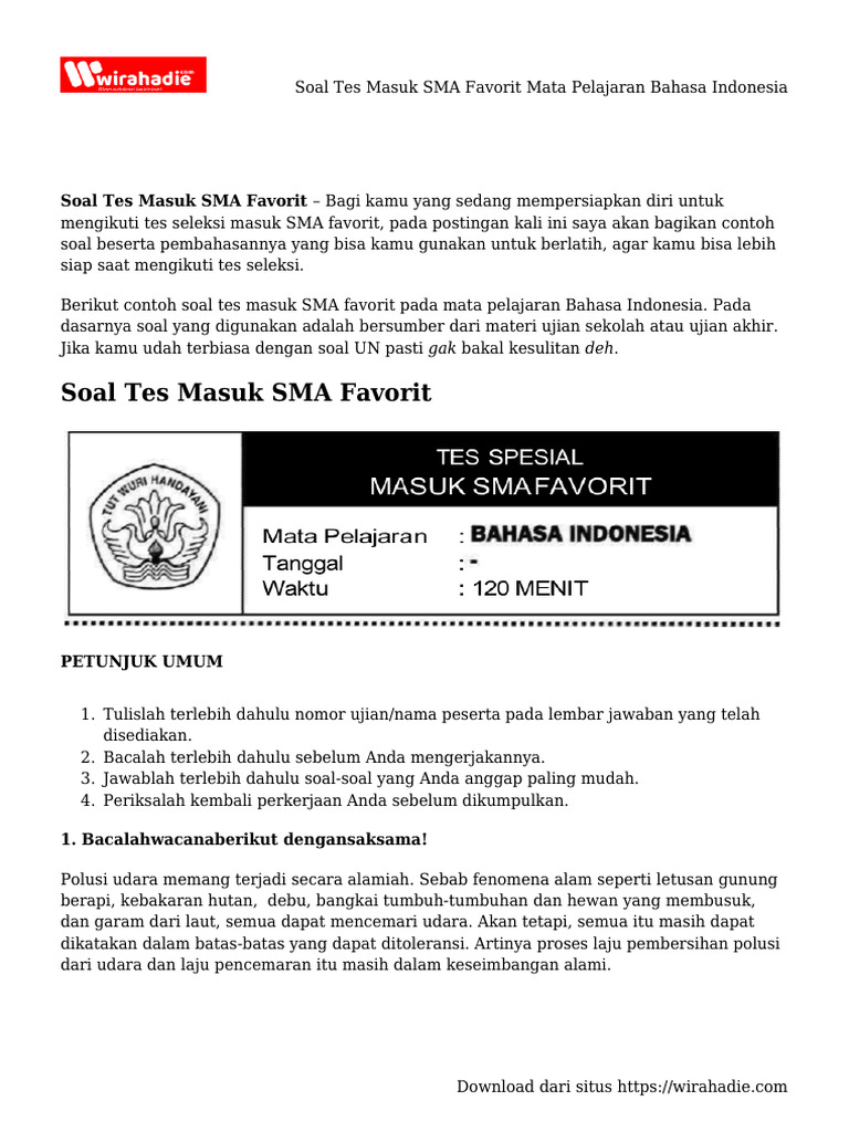 Soal Tes Masuk SMA Favorit Mata Pelajaran Bahasa Indonesia | PDF Soal Tes Masuk SMA Favorit Mata Pelajaran Bahasa Indonesia | PDF