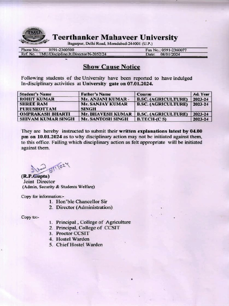 TMU Disciplinary Show Cause Notice | PDF | Science & Mathematics ...