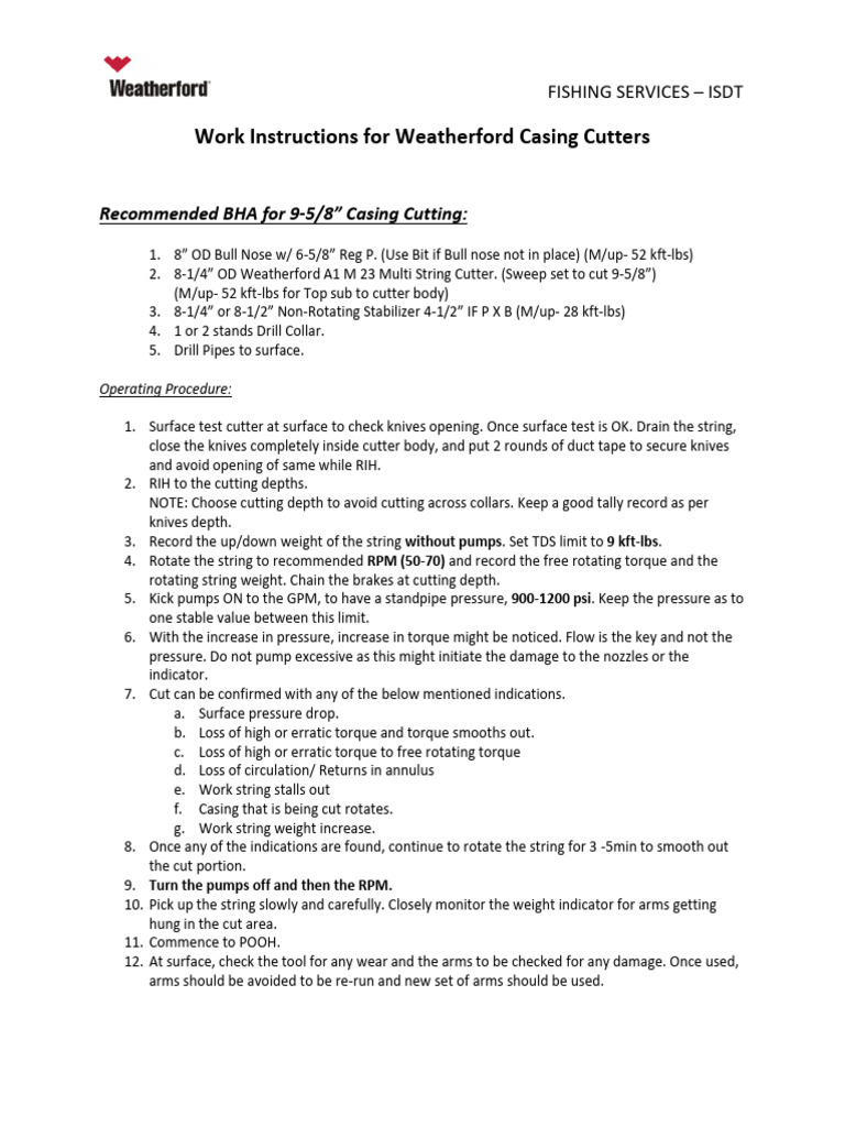 Casing Cutting Procedures for Weatherford | PDF | Pressure | Pump