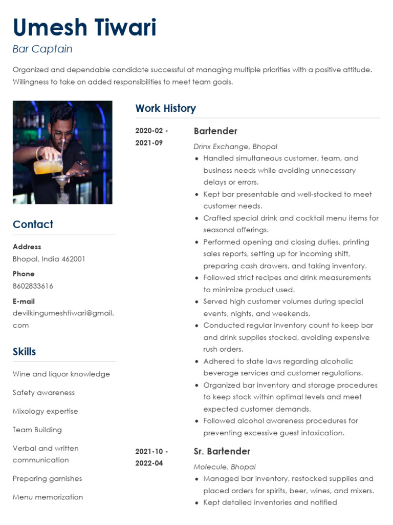 Umesh Tiwari Resume | PDF | Cocktails | Alcoholic Beverages