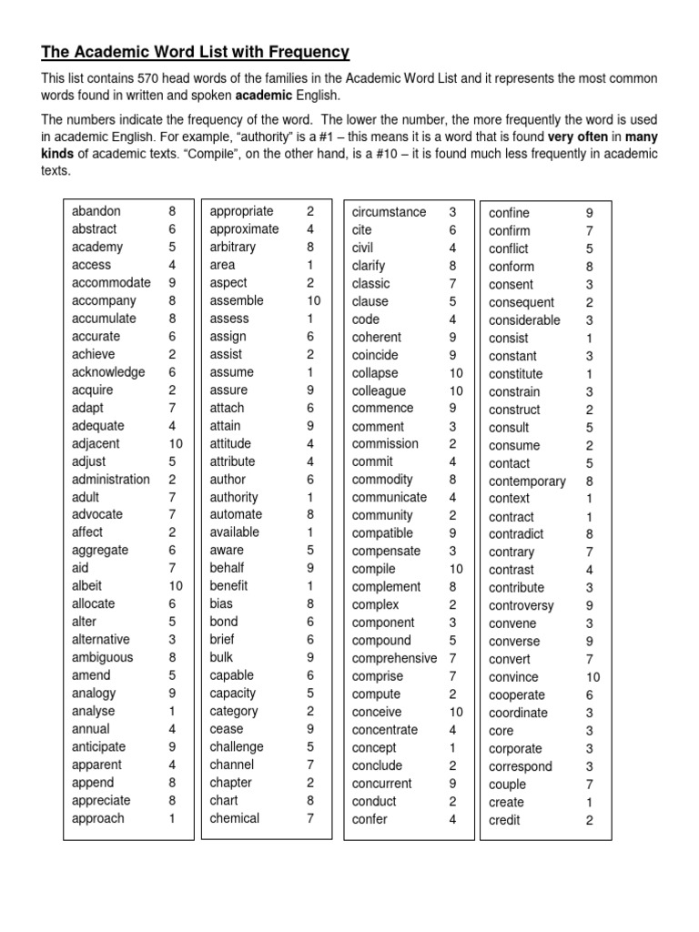 The Academic Word List (AWL) With Frequency | PDF