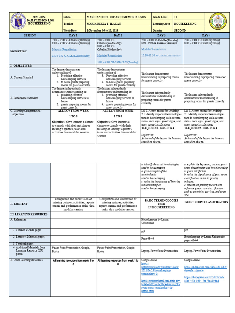 HOUSEKEEPING - WEEK 1 Updated | PDF | Learning | Teachers