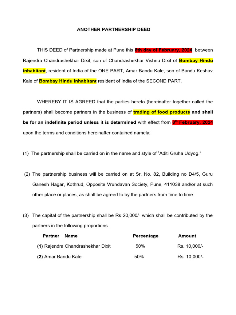 Partnership Deed for Aditi Gruha Udyog | PDF | Partnership | Goodwill ...