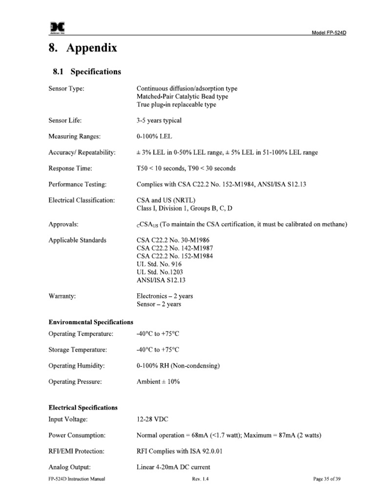 FP-524D Detcon Gas Detector Data Sheet | PDF