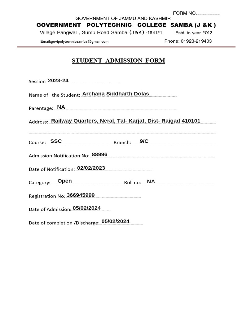 Admission Form | PDF