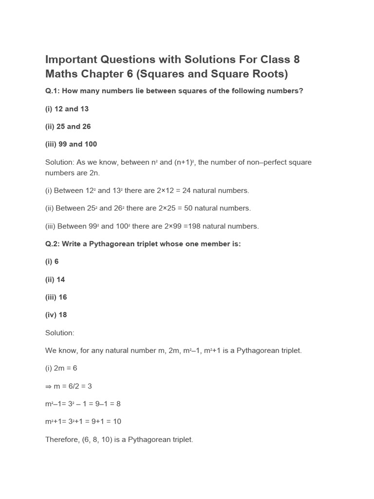 Important Questions With Solutions For Class 8 Maths Chapter 6 | PDF | Numbers | Square Root