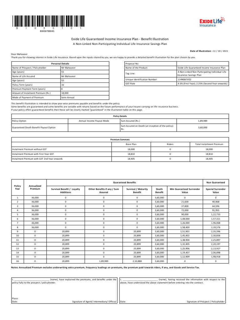 Exide Life Guaranteed Income Plan Details | PDF | Life Insurance ...