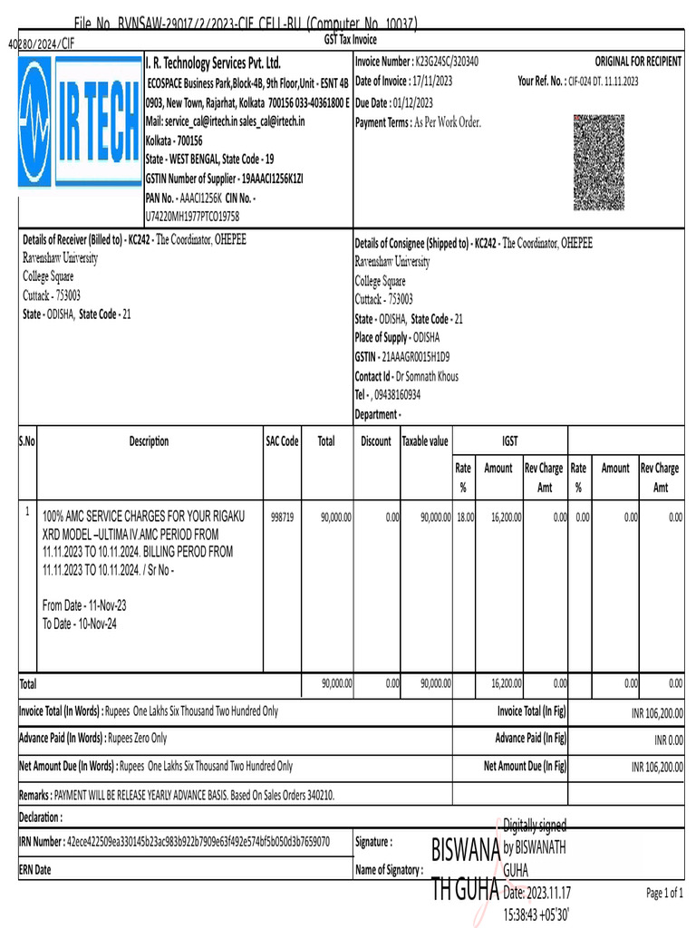 Biswana TH Guha: I. R. Technology Services Pvt. LTD | PDF | Invoice ...
