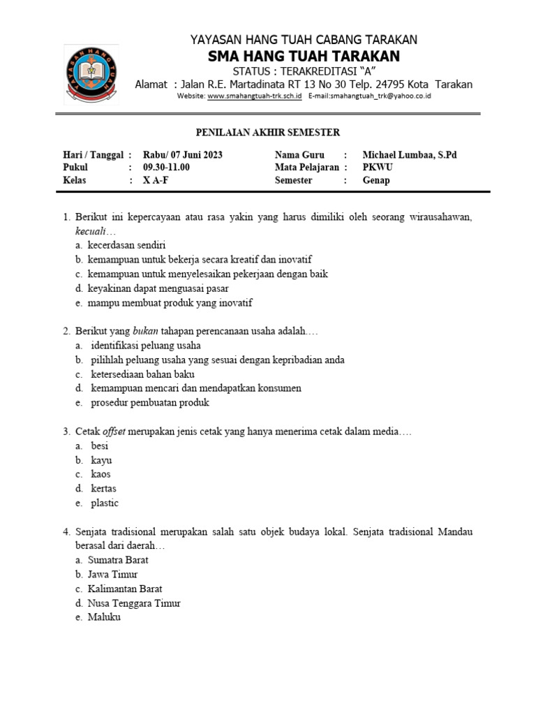 Penilaian Akhir Semester PKWU (Genap) | PDF