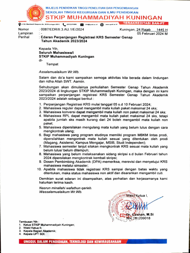 Edaran Perpanjangan Registrasi KRS Genap 2023-2024 | PDF