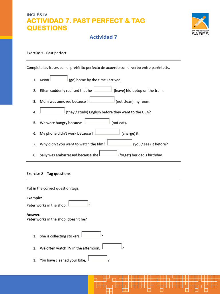 Actividad 7. Past Perfect Tag Questions | PDF
