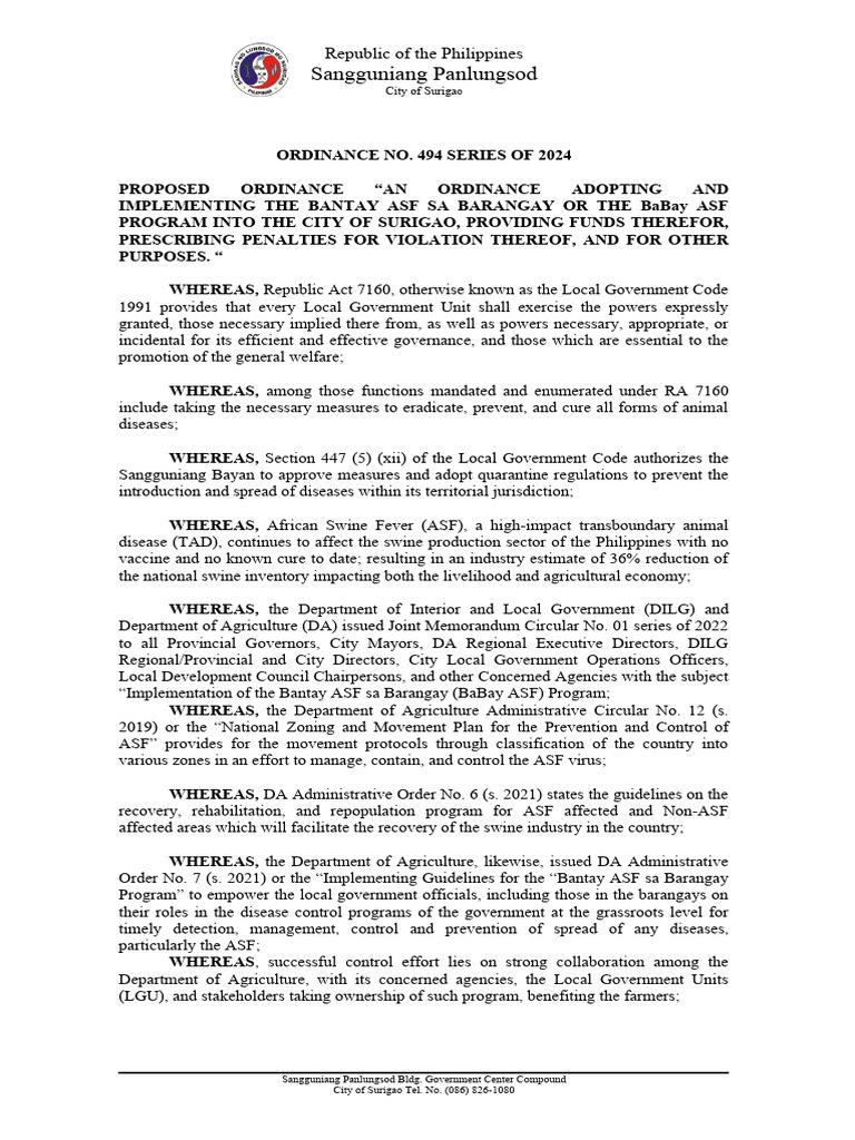 Surigao City ASF Prevention Ordinance | PDF | Quarantine | Pig