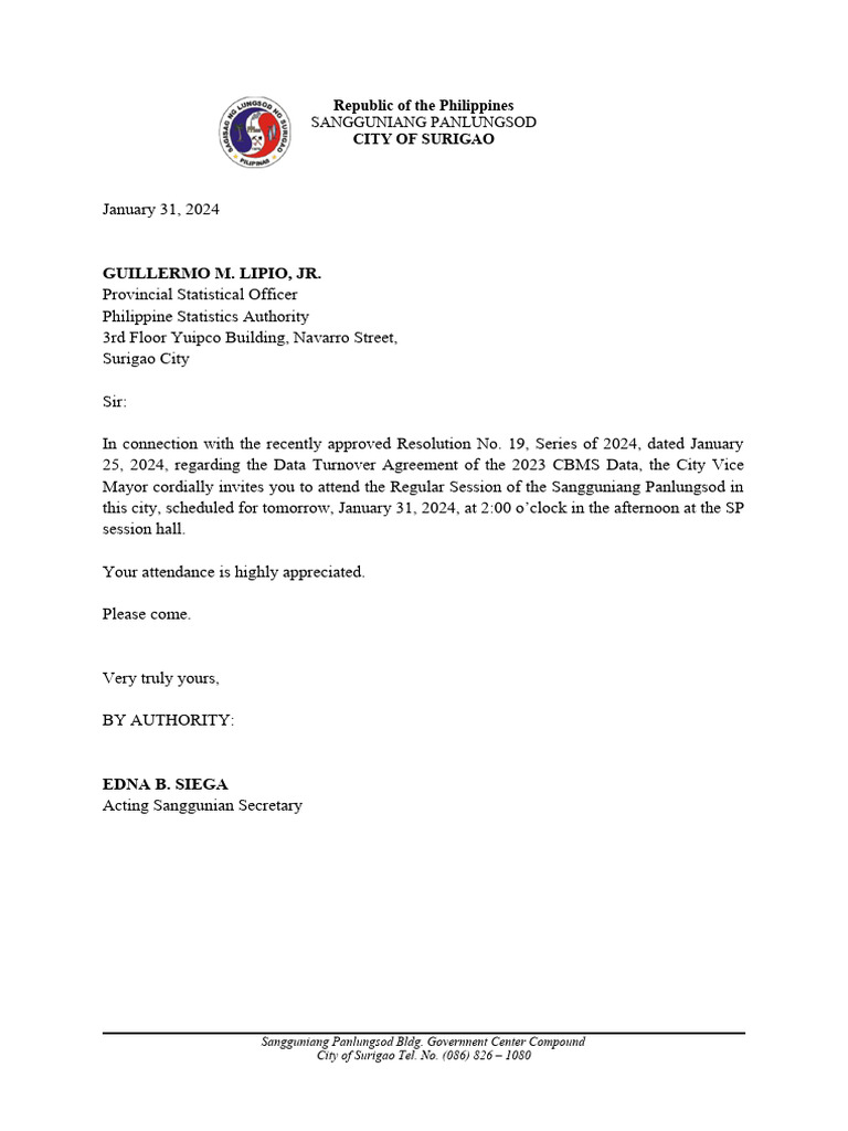 Invitation to Surigao City Session | PDF