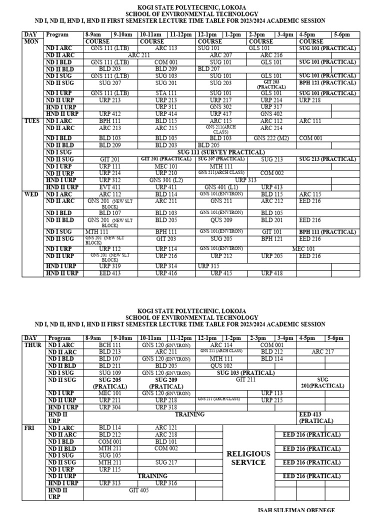 2023-2024 Set First Semester Lecture Timetable 1 | PDF | Undergraduate Education | Academia