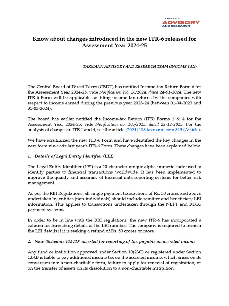 Know About Changes Introduced in The New ITR-6 Released For Assessment Year 2024-25 | PDF ...