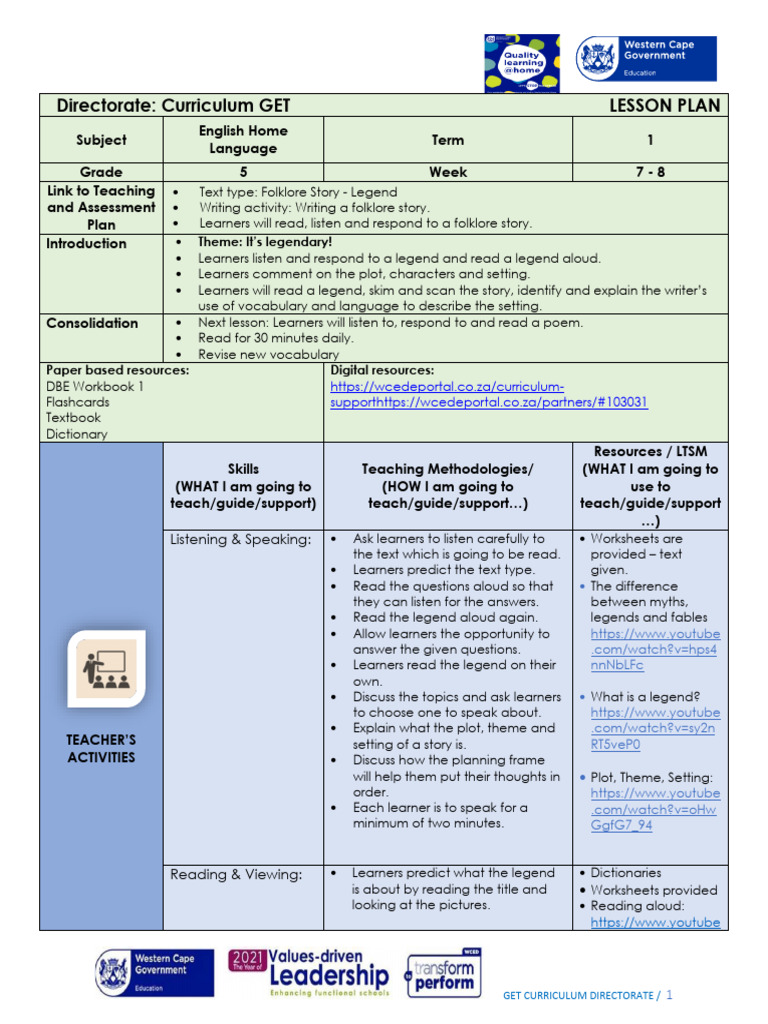 Lesson Plan Gr5 English HL T1 W7-8 | PDF | Vocabulary | Human Communication