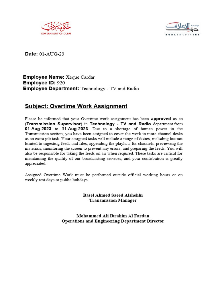 Ahmad Najafi - overtime work assignment - June | PDF