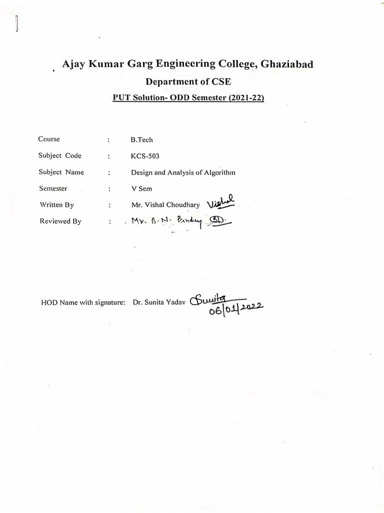 Design and Analysis of Algorithm KCS-503 PUT Sol ODD 21-22 (1) .PDF - Crdownload | PDF
