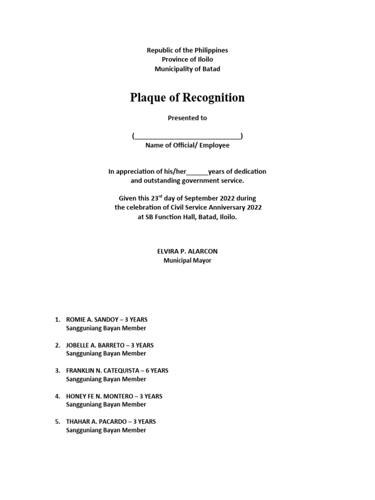 Batad Civil Service Recognition Plaque | PDF | Finance & Money ...