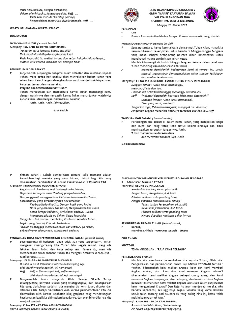 No 1 Tata Ibadah Minggu Sengsara V 26 Maret 2023 | PDF