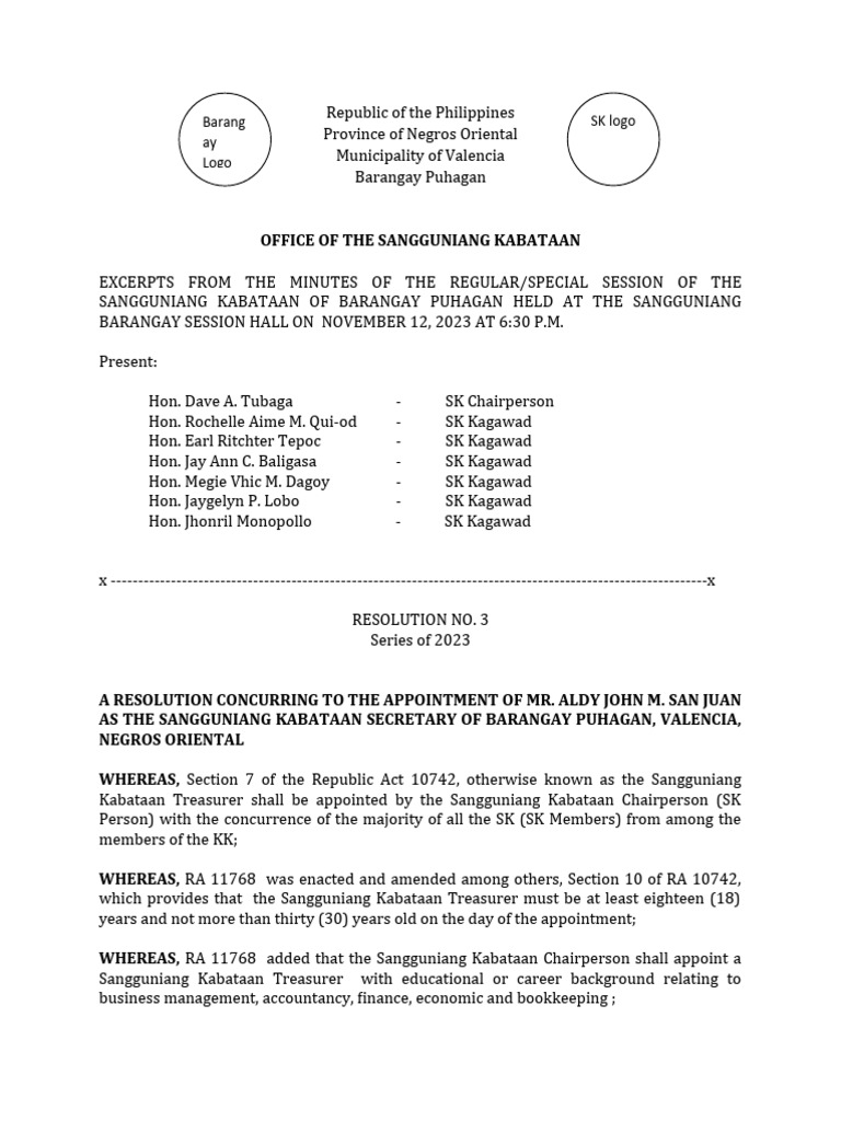 SK Secretary Appointment Resolution | PDF | Philippines | Government