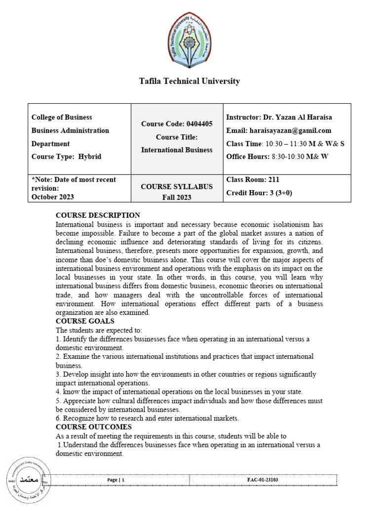 International Business Course Syllabus | PDF | Globalization | Cognition