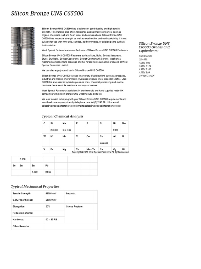 West Special Fasteners - Metals - Silicon Bronze UNS C65500 | PDF ...