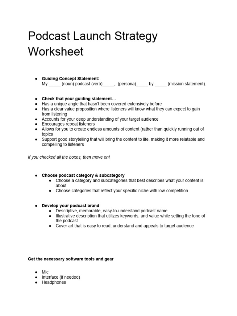 Podcast Launch Strategy Worksheet | PDF | Career & Growth