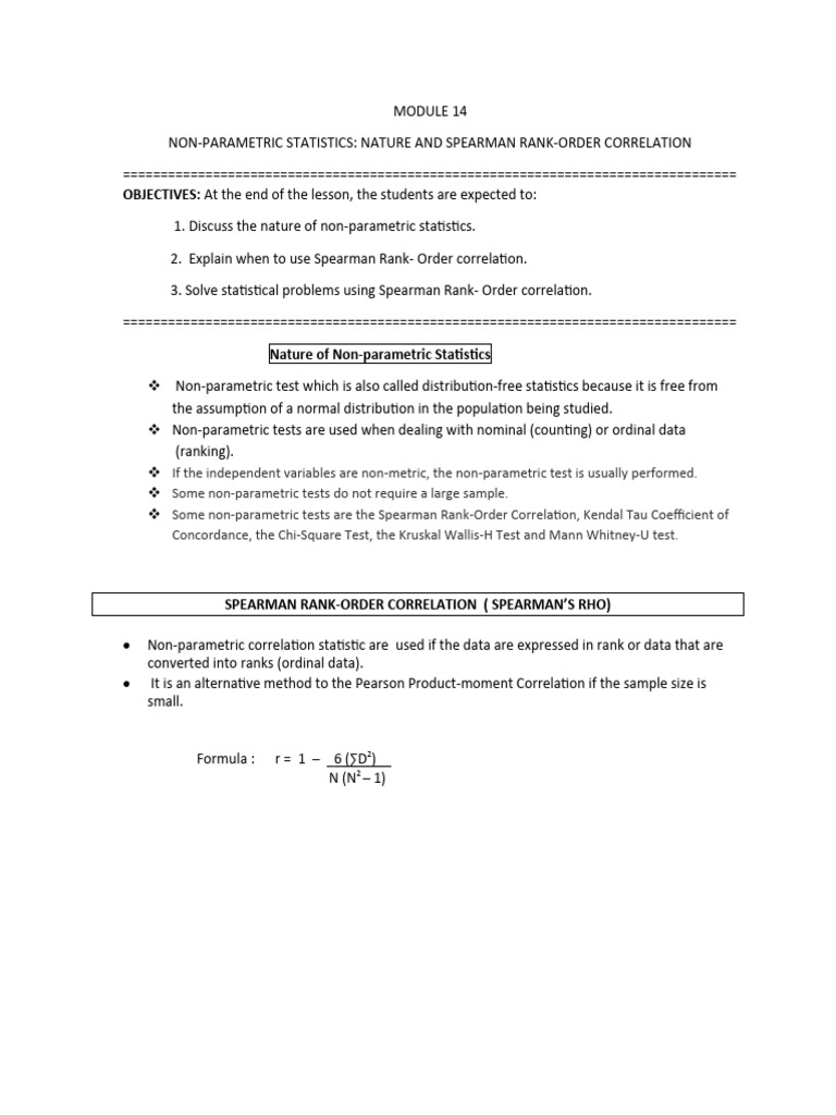 Module 14 Non Parametric Statistics Spearman Rank Order Correlation1 2 | PDF | Spearman's Rank ...