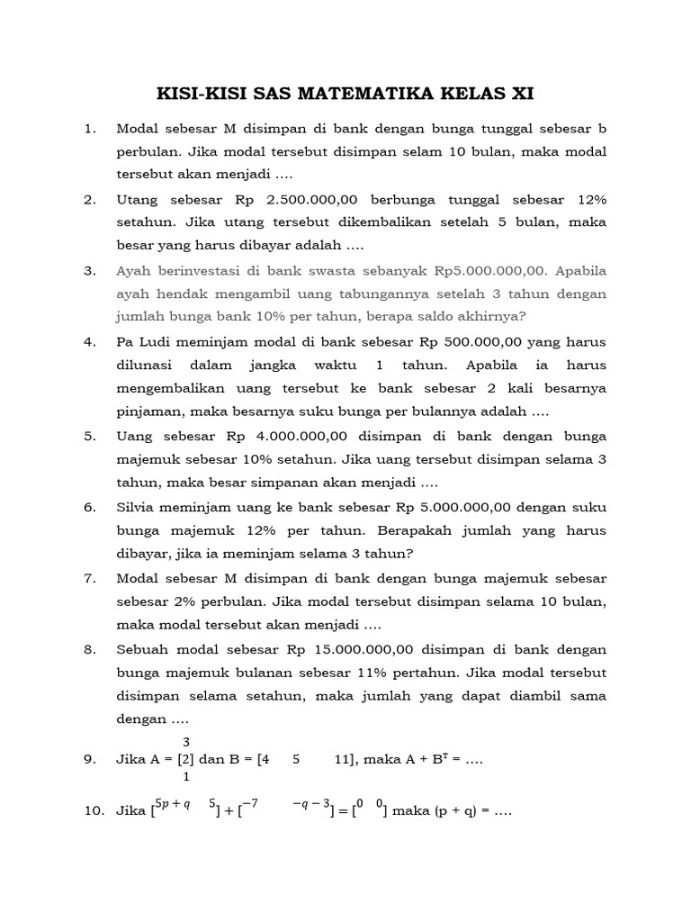 Kisi-Kisi Sas Matematika Kls Xi 2023-2024 | PDF