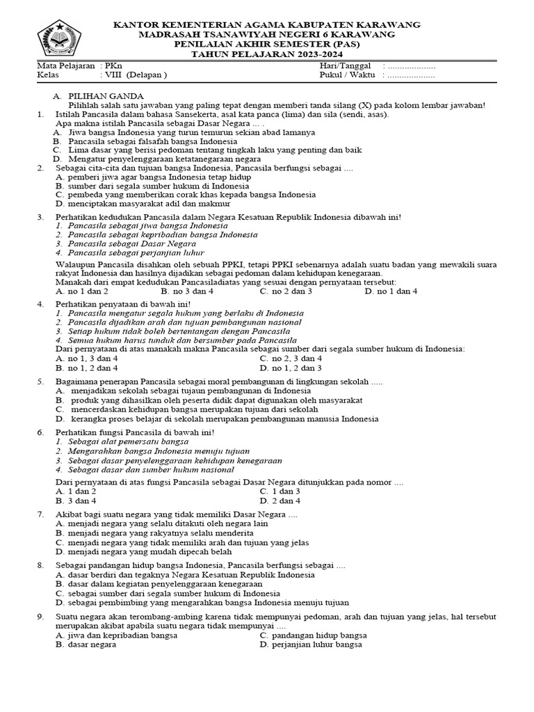 Soal PAS PKn Kelas VIII MTsN 6 Karawang | PDF
