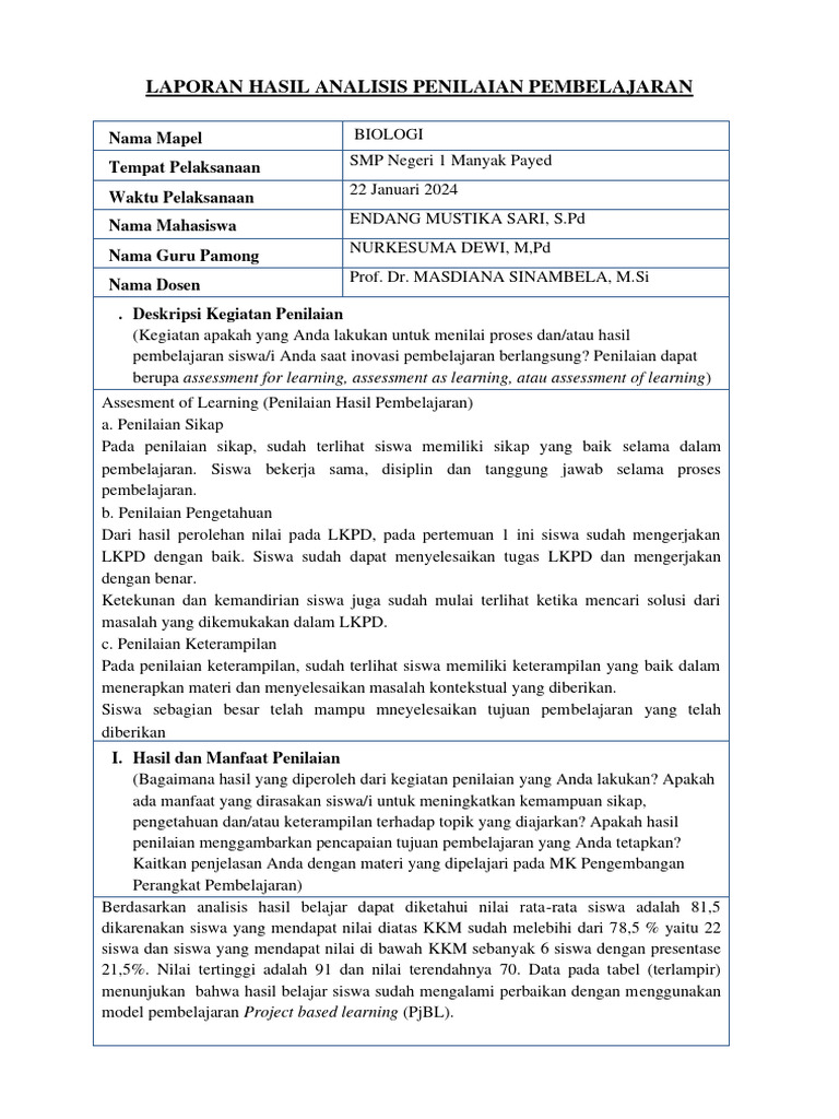 A. Laporan Hasil Analisis Penilaian Pembelajaran | PDF | Seni