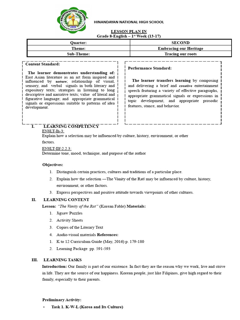 G8 English Lesson Exemplar 2nd Quarter | PDF | Korean Cuisine | Learning