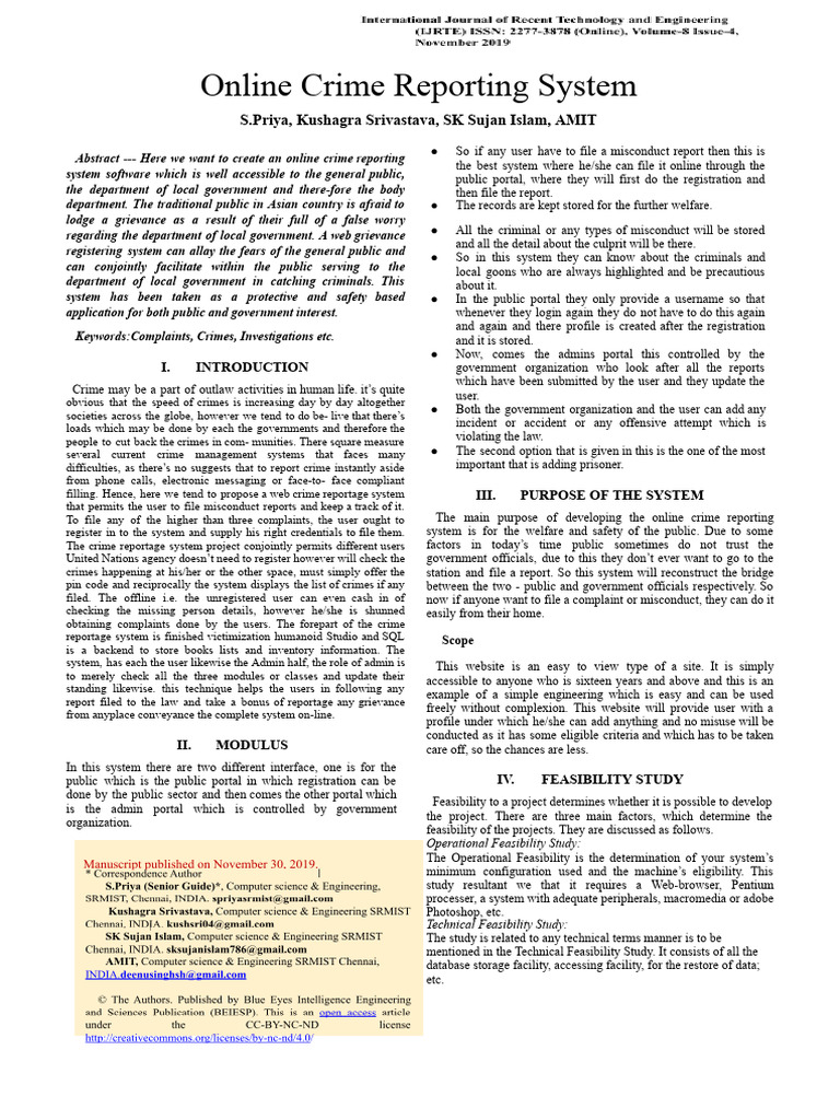 Online Crime Reporting System: S.Priya, Kushagra Srivastava, SK Sujan Islam, AMIT | PDF | Use ...