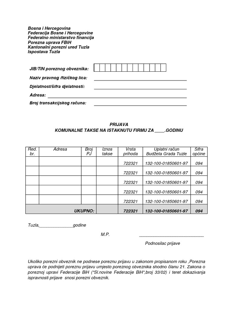 Prijava Komunalne Takse - Tuzla2 | PDF