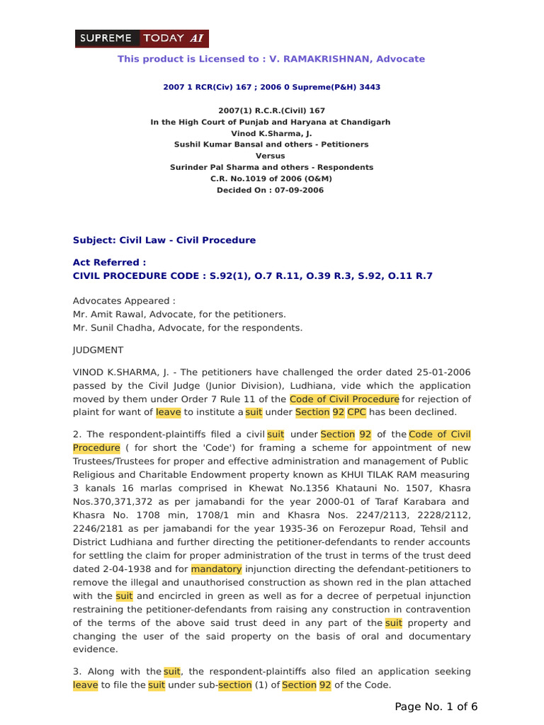 Sushil Kumar Bansal Vs Surinder Pal Sharma | PDF | Lawsuit | Judgment (Law)