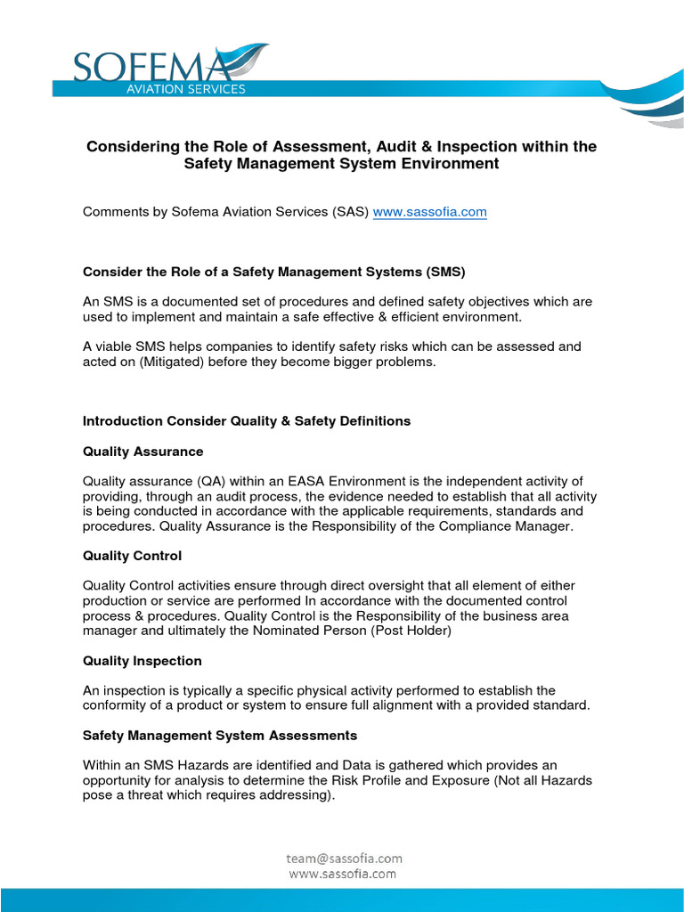 Considering the Role of-Assessment Audit Inspection Within the Safety Management System ...